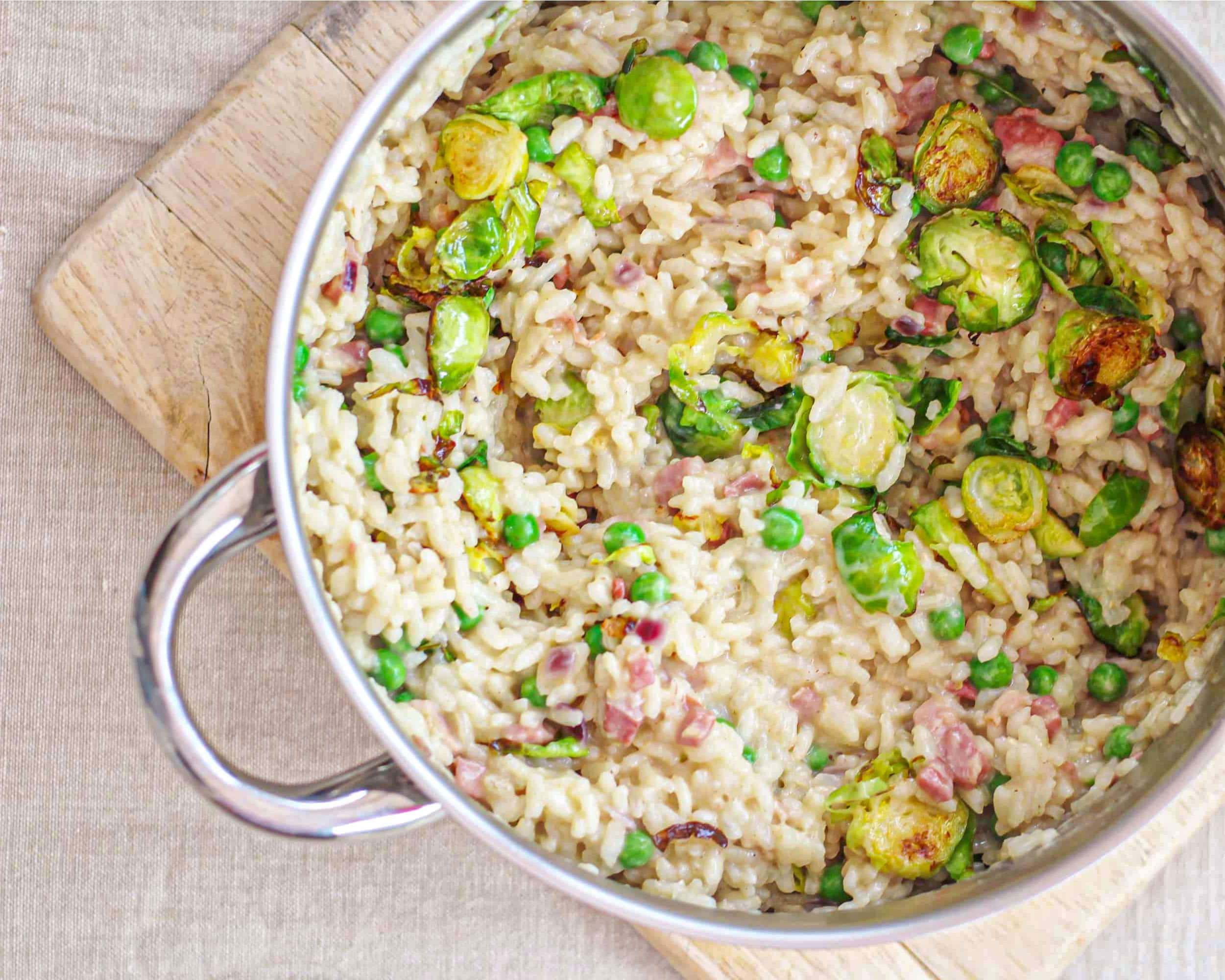 Italiaanse risotto met spruitjes, erwten en ham - Kookse.tv